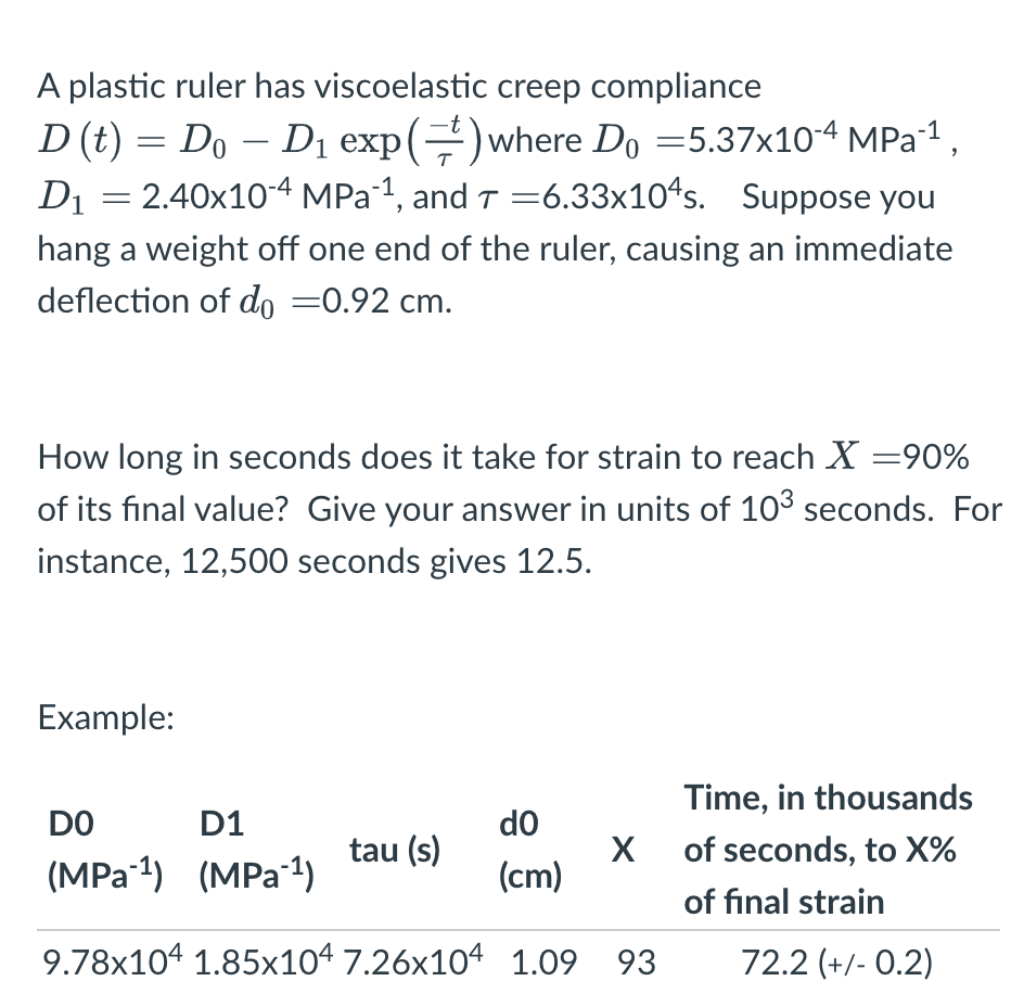 Solved A plastic ruler has viscoelastic creep compliance | Chegg.com