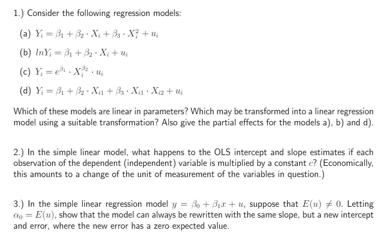 Solved 1.) Consider the following regression models: (a) | Chegg.com