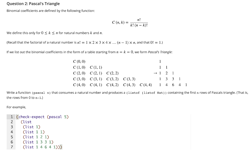 Solved Question 2: Pascal's Triangle Binomial coefficients | Chegg.com