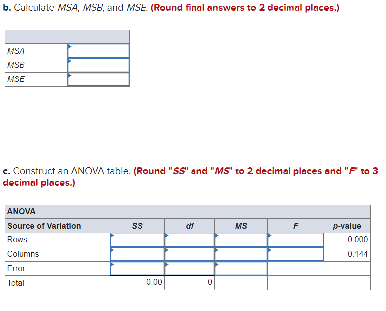b. Calculate MSA,MSB, and MSE. (Round final answers | Chegg.com