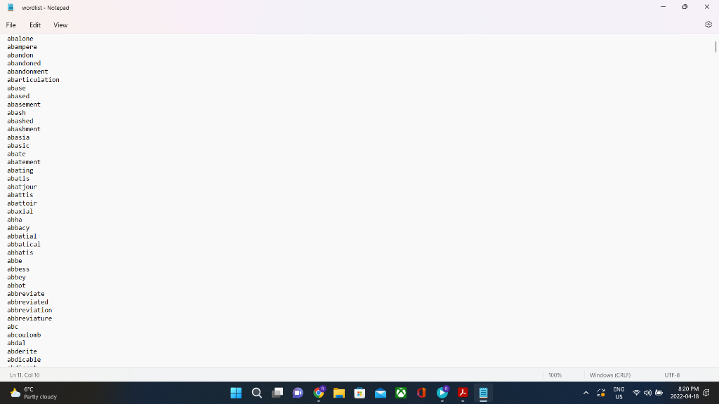 wordlist - Notepad File Edit View abalone abampere | Chegg.com