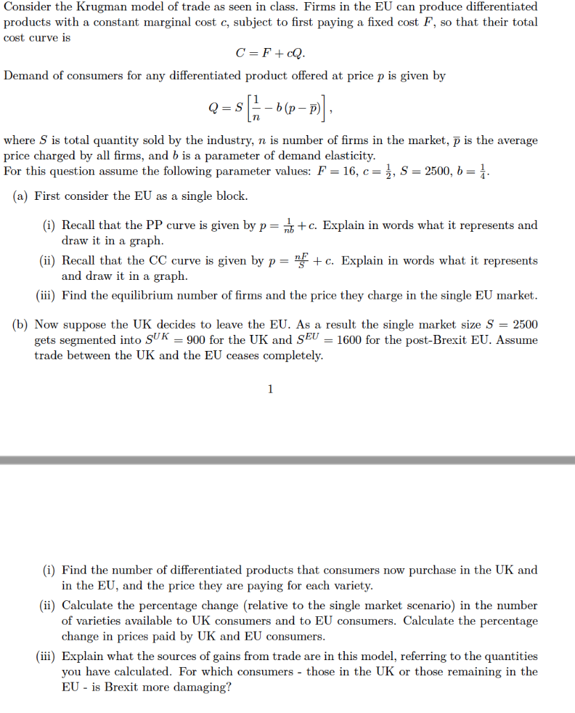 Solved Consider the Krugman model of trade as seen in class. | Chegg.com
