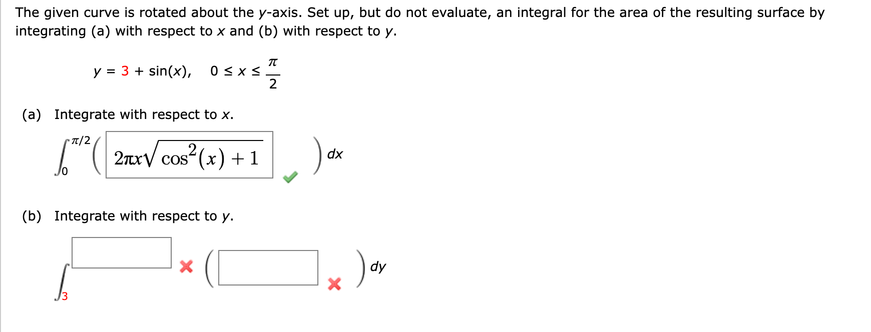 Solved The given curve is rotated about the y-axis. Set up, | Chegg.com