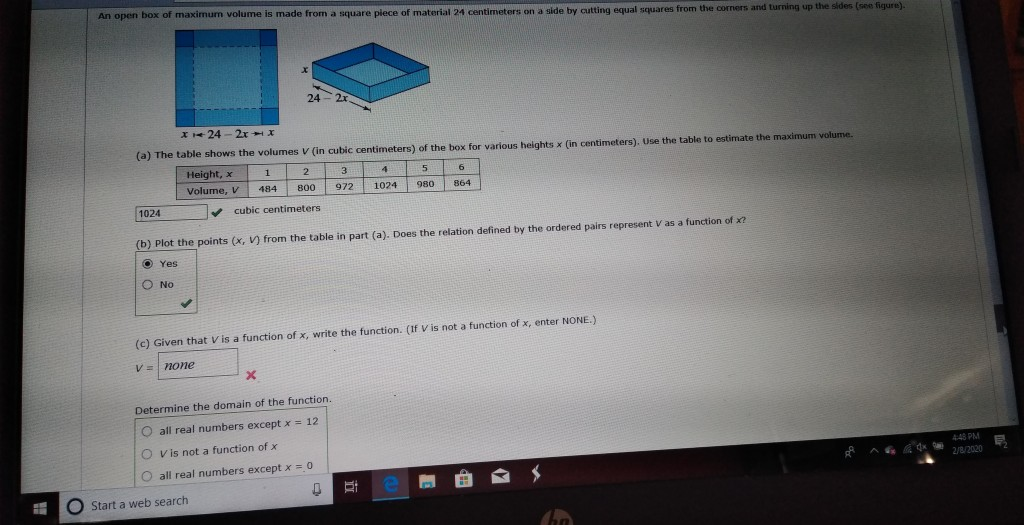 Solved An open box of maximum volume is made from a square | Chegg.com