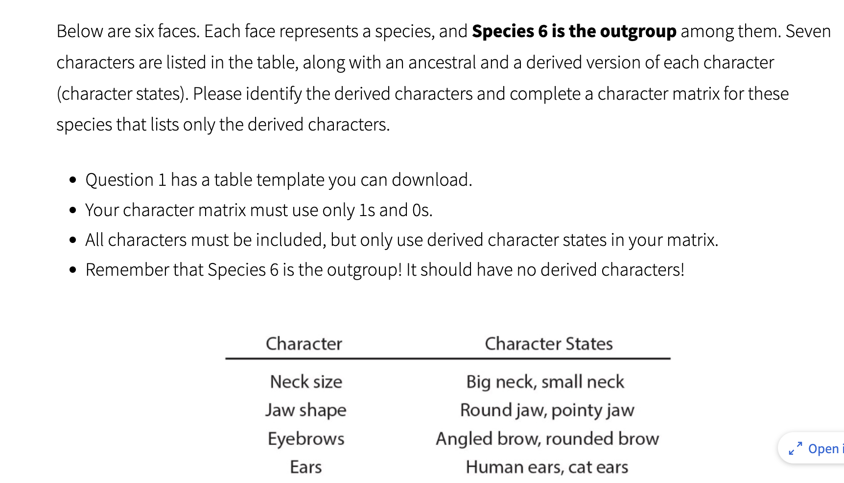 Solved Below are six faces. Each face represents a species, | Chegg.com