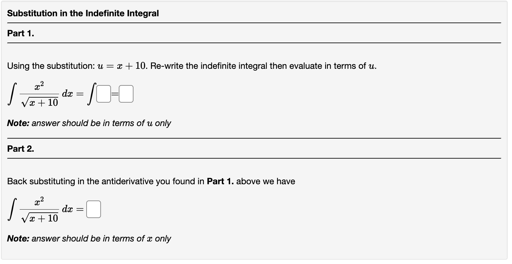 Solved Using the substitution: u=x+10. Re-write the | Chegg.com
