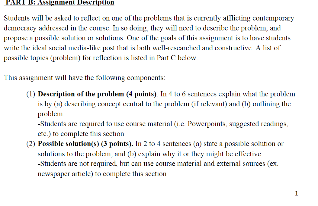 PART B: Assignment Description Students will be asked | Chegg.com