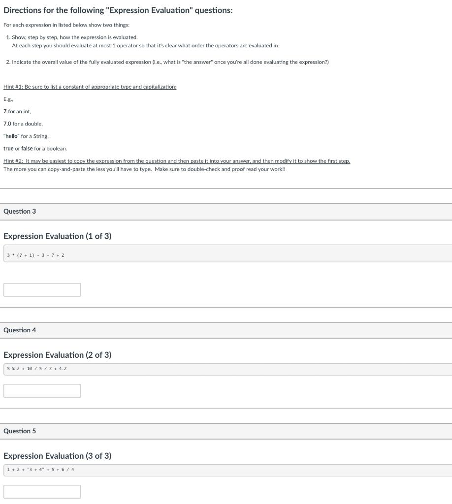 Solved Directions for the following "Expression Evaluation" | Chegg.com