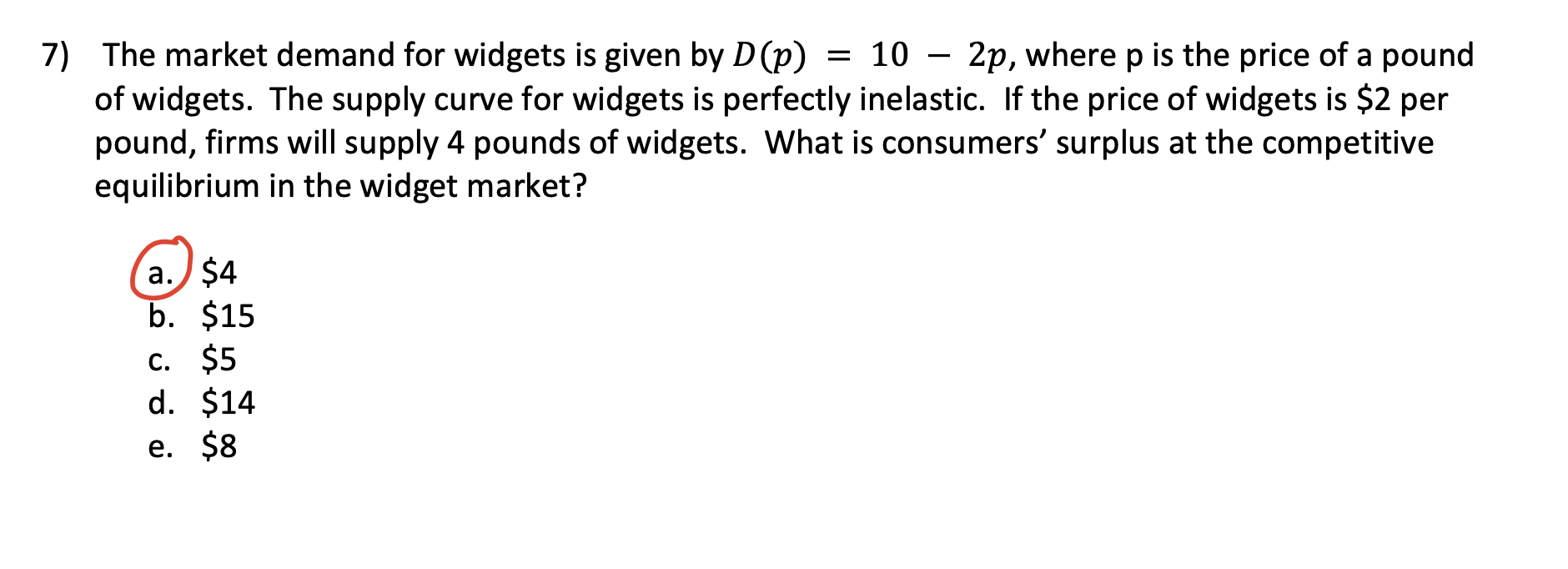 Solved The market demand for widgets is given by D(p)=10-2p, | Chegg.com