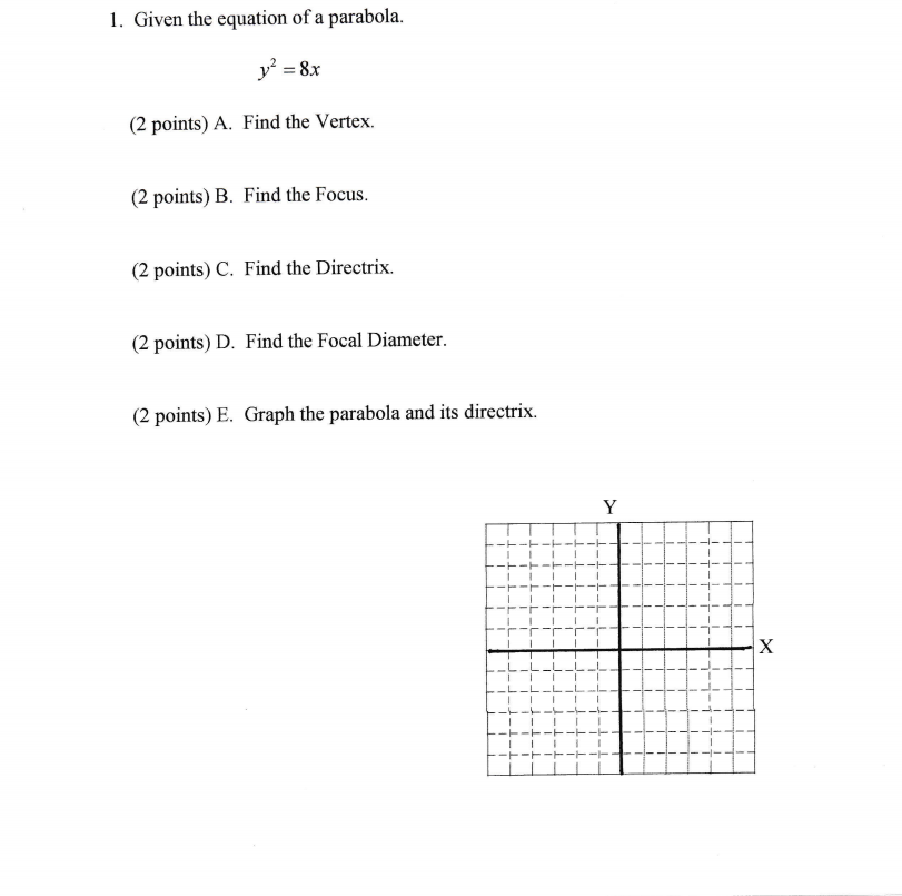 Solved 1. Given the equation of a parabola. y2 = 8x (2 | Chegg.com