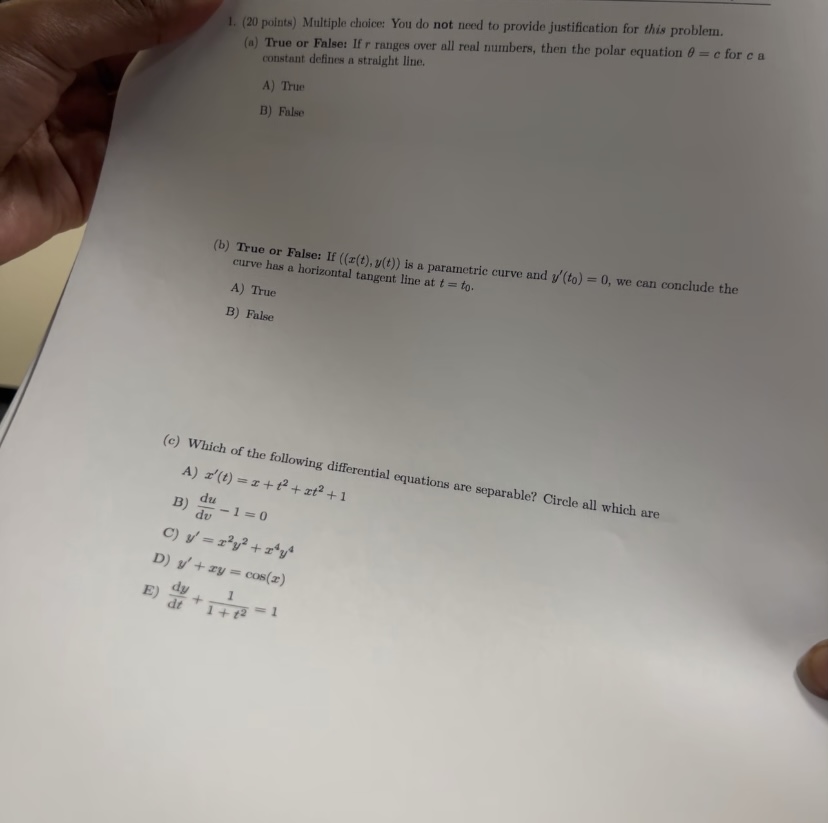 Solved 1. (20 points) Multiple choice: You do not need to | Chegg.com