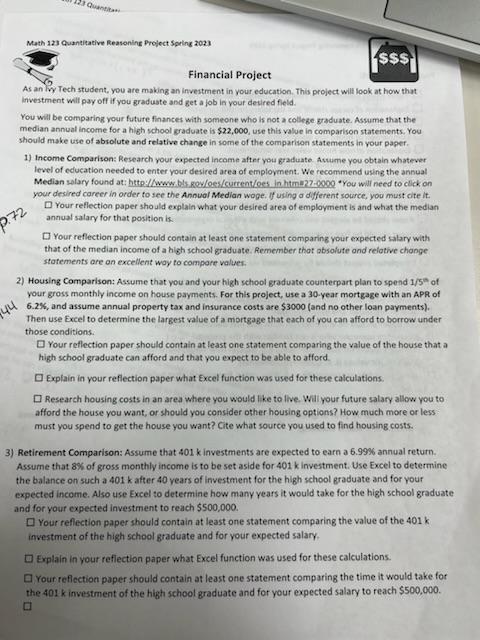 Solved Math 123 Quantitative Reasonine Project Speing 2023 | Chegg.com