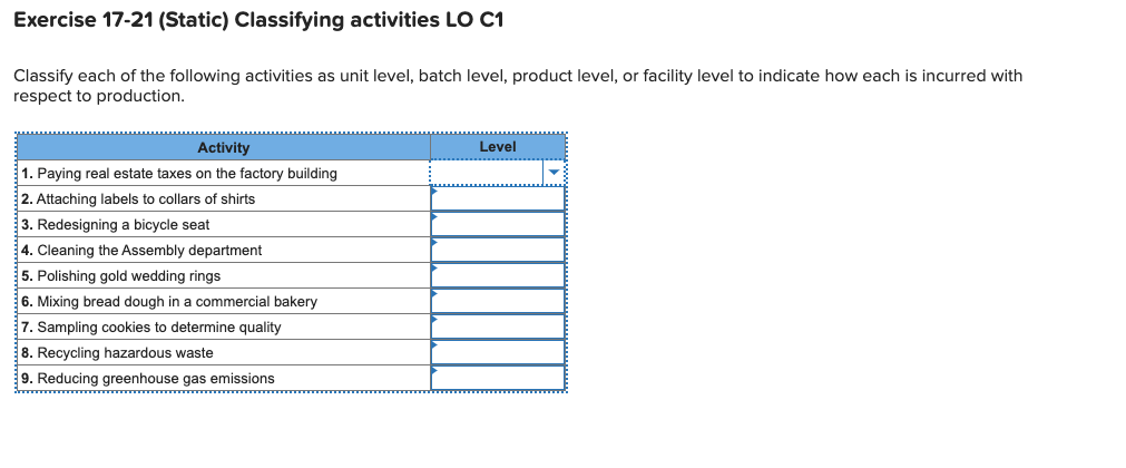 Solved Exercise 17-21 (Static) Classifying activities LO C1 | Chegg.com Solved Exercise 17-21 (Static) Classifying activities LO C1 | Chegg.com