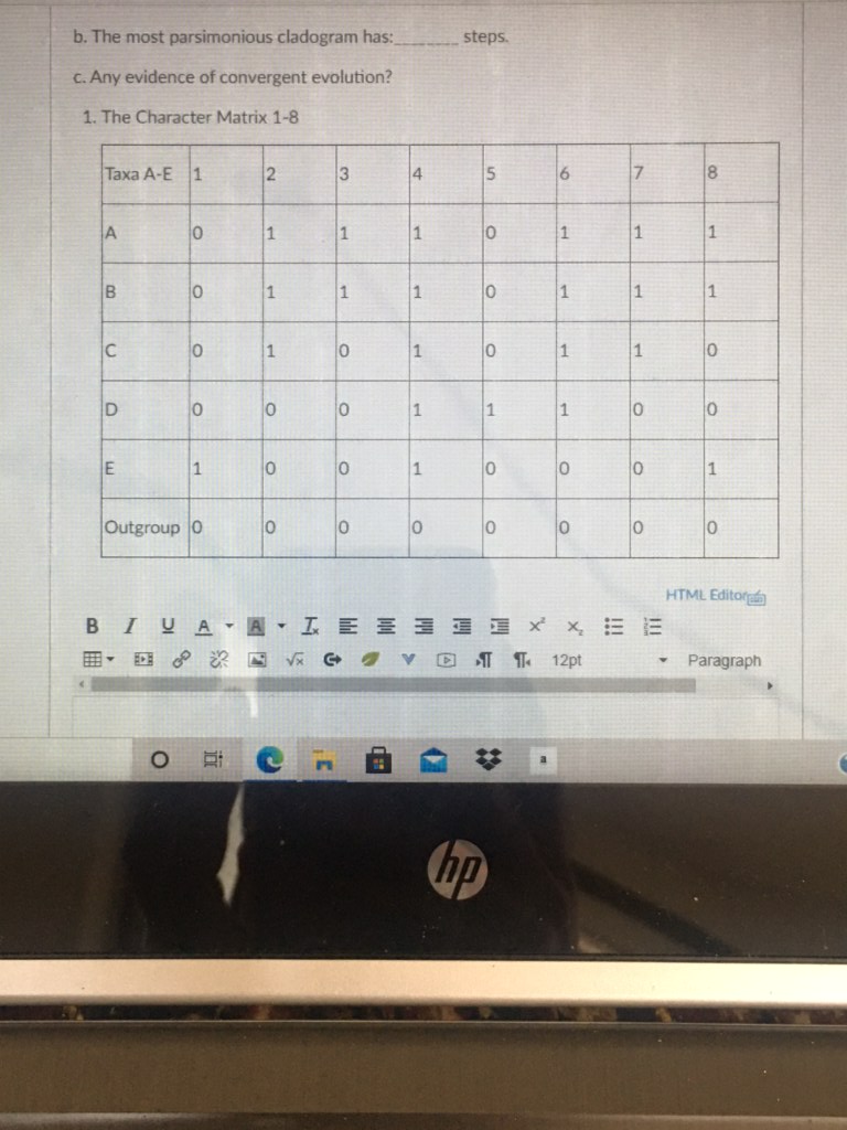 Solved b. The most parsimonious cladogram has: steps c. Any | Chegg.com