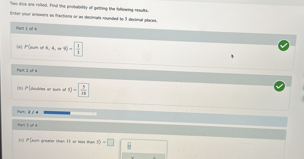 Solved Two dice are rolled. Find the probability of getting | Chegg.com