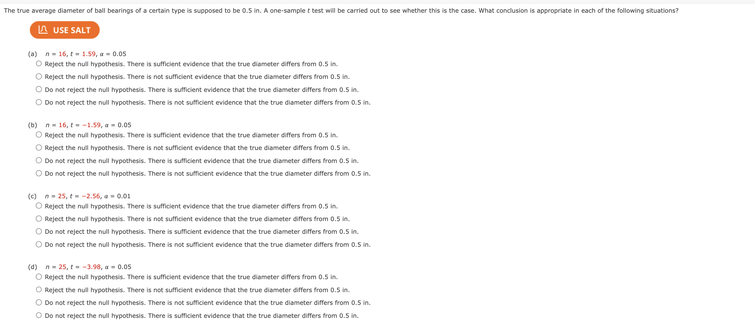 Solved (a) n=16,t=1.59,α=0.05 Reject the null hypothesis. | Chegg.com