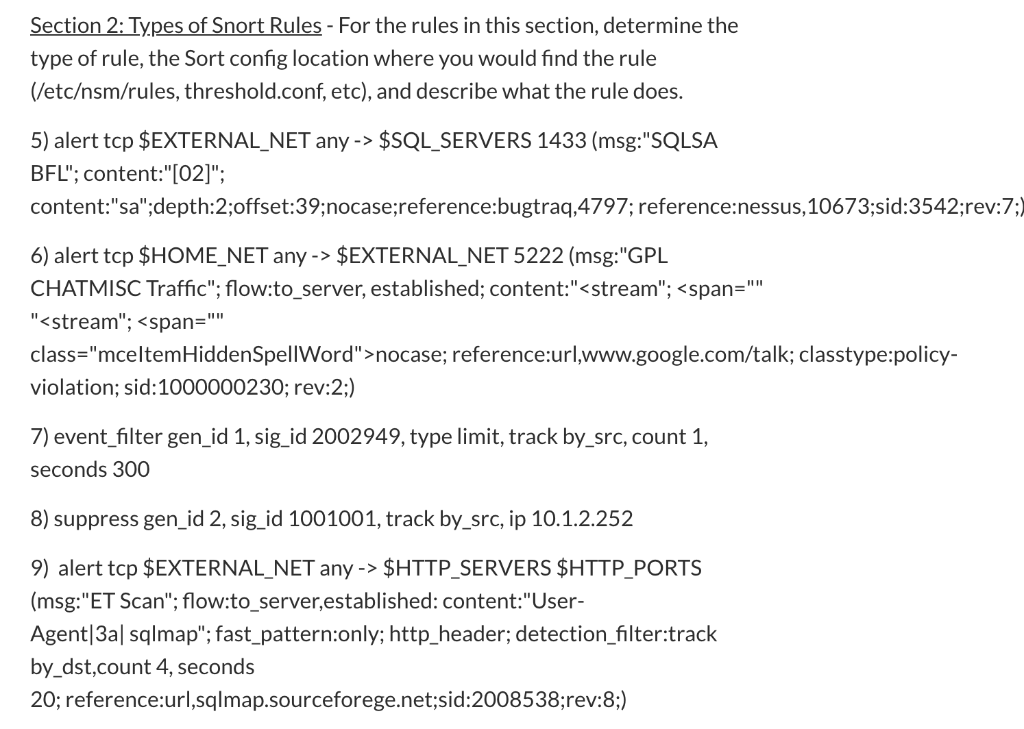 Section 2: Types of Snort Rules - For the rules in | Chegg.com