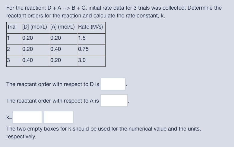 Solved For the reaction: D + A -->B+C, initial rate data for | Chegg.com