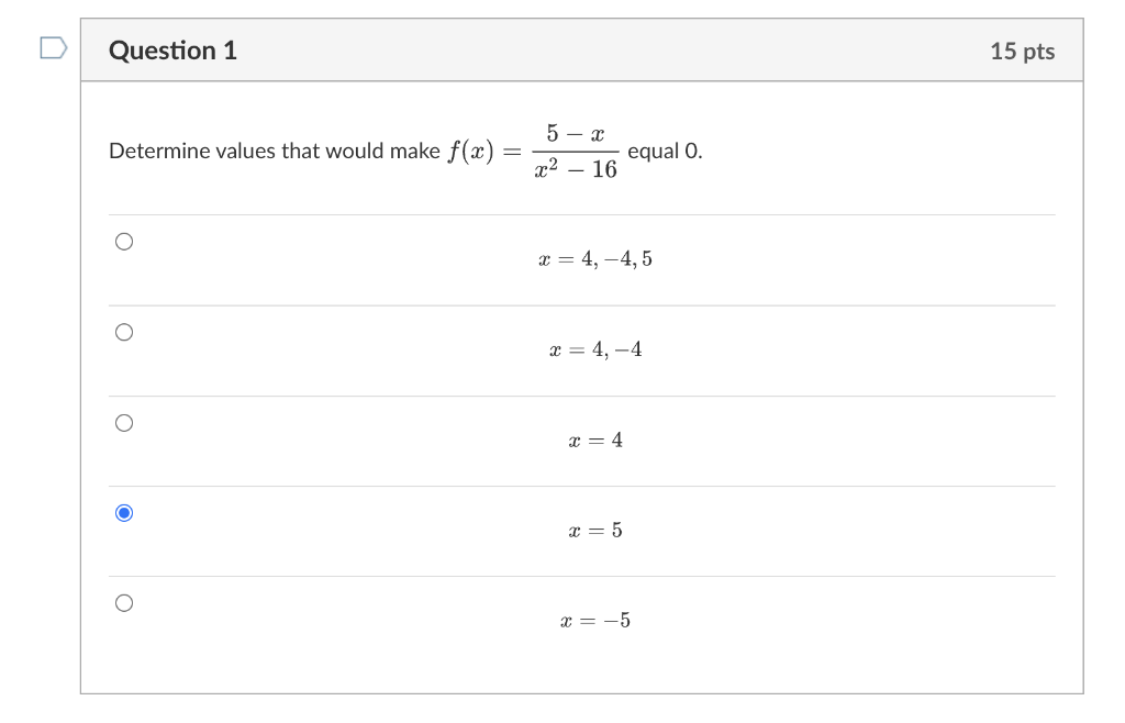 Solved Determine values that would make f(x)=x2−165−x equal | Chegg.com