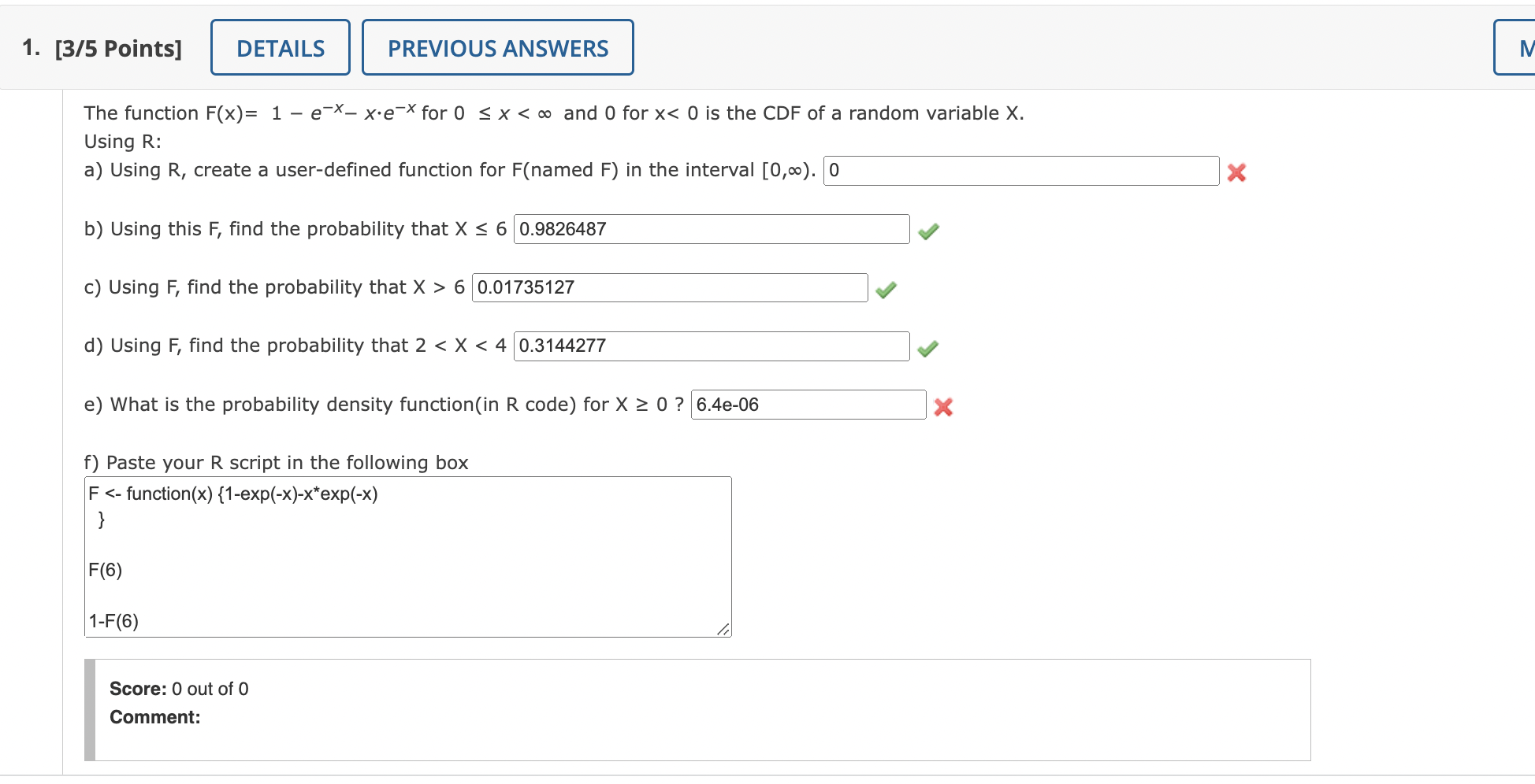 Solved The function F(x)=1−e−x−x⋅e−x for 0≤x