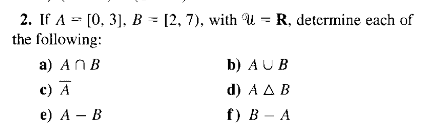 Solved 2. If A = [0, 3), B = [2, 7), with U = R, determine | Chegg.com