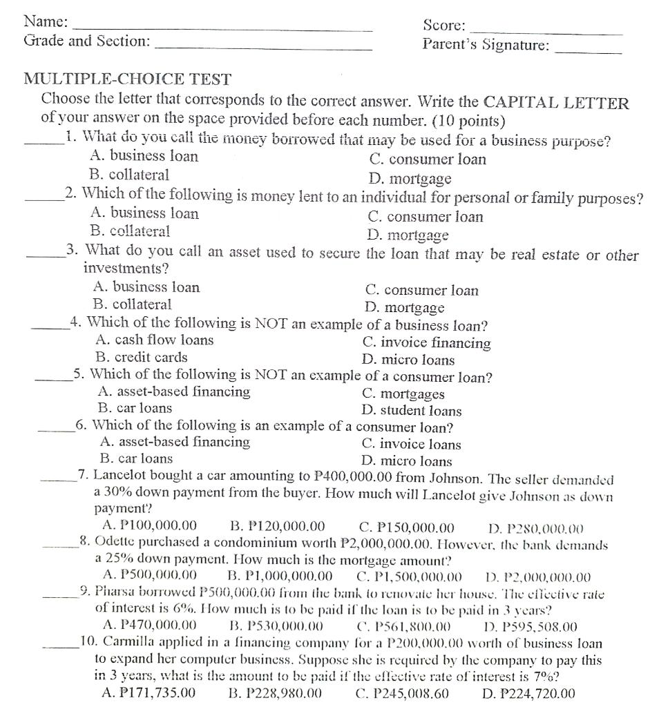 Name: Grade and Section: Score: Parent's Signature: | Chegg.com