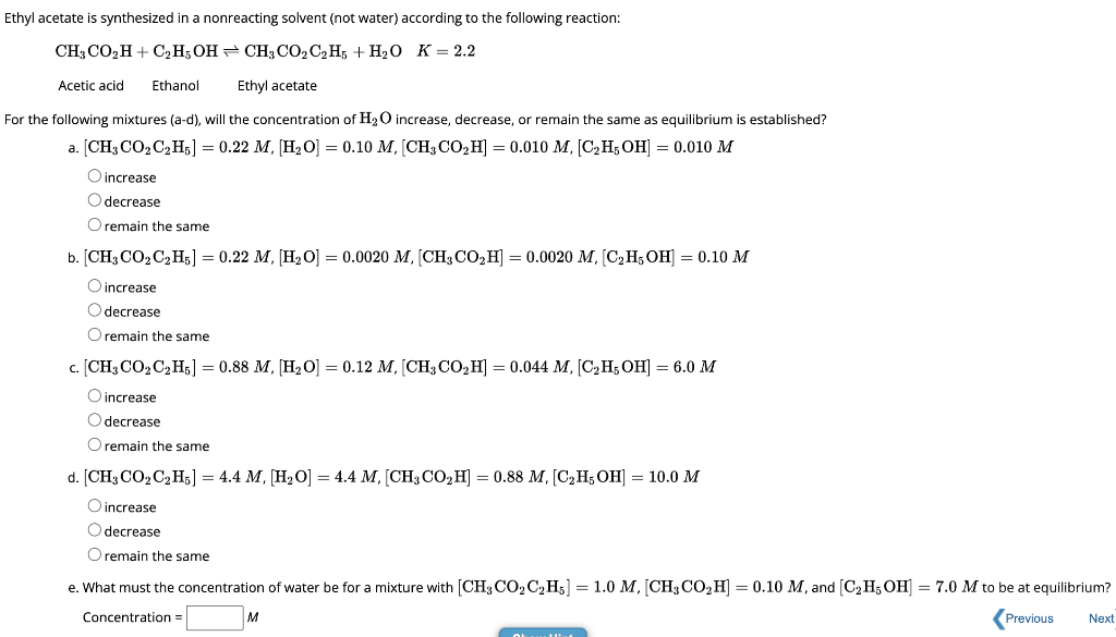 Solved CH3CO2H+C2H5OH⇌CH3CO2C2H5+H2OK=2.2 Acetic acid | Chegg.com