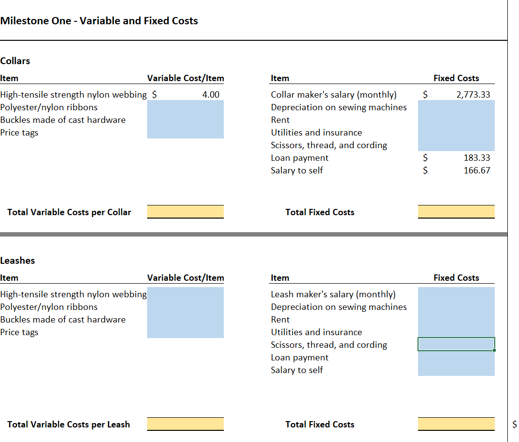 Milestone One - Variable and Fixed Costs Harnesses | Chegg.com