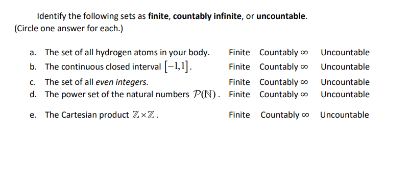 Solved Identify the following sets as finite, countably | Chegg.com