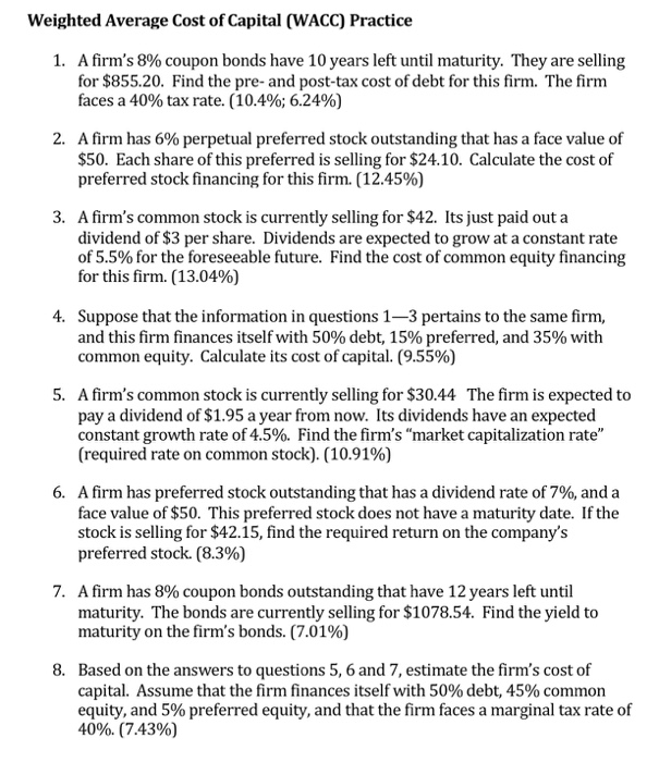 Solved Weighted Average Cost of Capital (WACC) Practice 1. A | Chegg.com