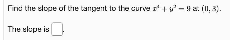 Solved Find the slope of the tangent to the curve x4+y2=9 | Chegg.com