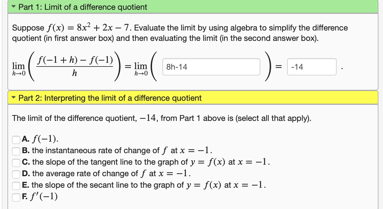 Solved Part 1: Limit of a difference quotient Suppose f(x) = | Chegg.com