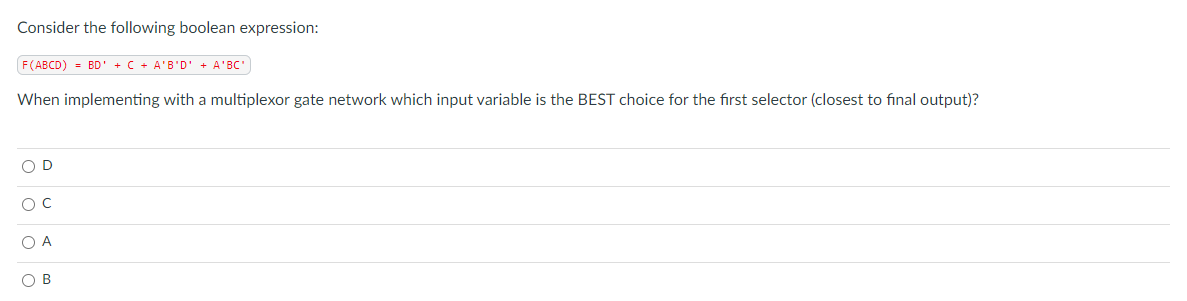 Solved Consider the following boolean expression: F(ABCD) = | Chegg.com