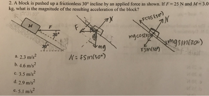 Solved 2. A block is pushed up a frictionless 30° incline by | Chegg.com