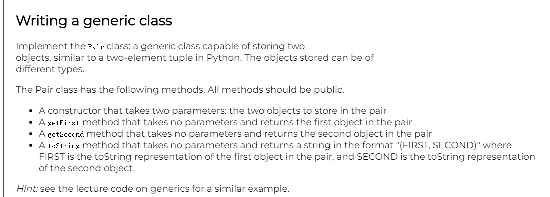 Solved Writing a generic class Implement the Pair class: a | Chegg.com