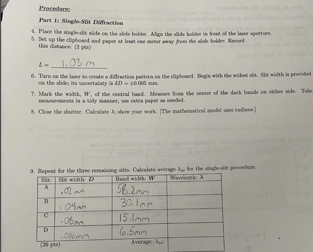 Solved Procedure Part 1 Single Slit Diffraction 4 Place Chegg