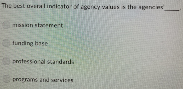 Solved The best overall indicator of agency values is the | Chegg.com
