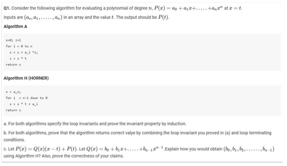 Q1. Consider the following algorithm for evaluating a | Chegg.com