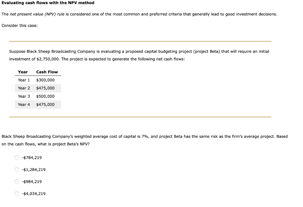 Solved Evaluating cash flows with the NPV method The net | Chegg.com
