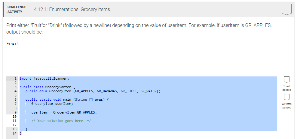 Solved CHALLENGE ACTIVITY4.12.1: Enumerations: Grocery items | Chegg.com