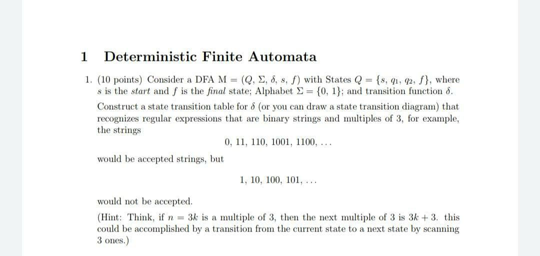 Solved 1 Deterministic Finite Automata 1. (10 points) | Chegg.com