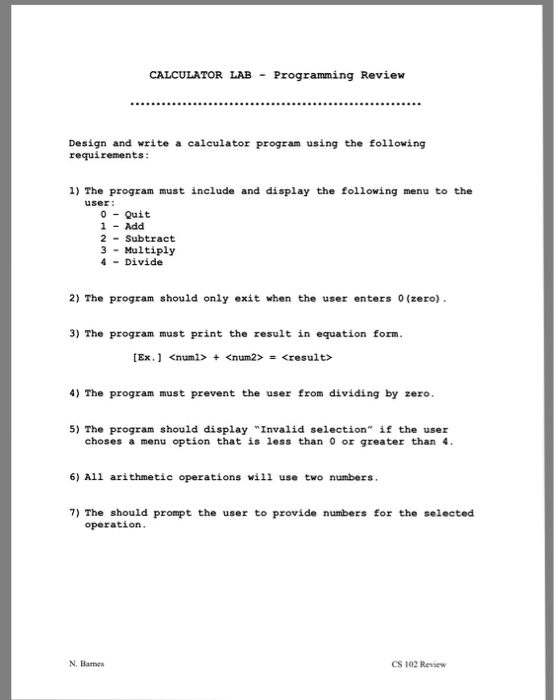 Solved CALCULATOR LAB Programming Review Design and write a | Chegg.com