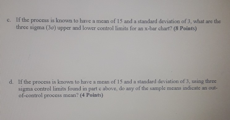 Given the following process control data for a | Chegg.com