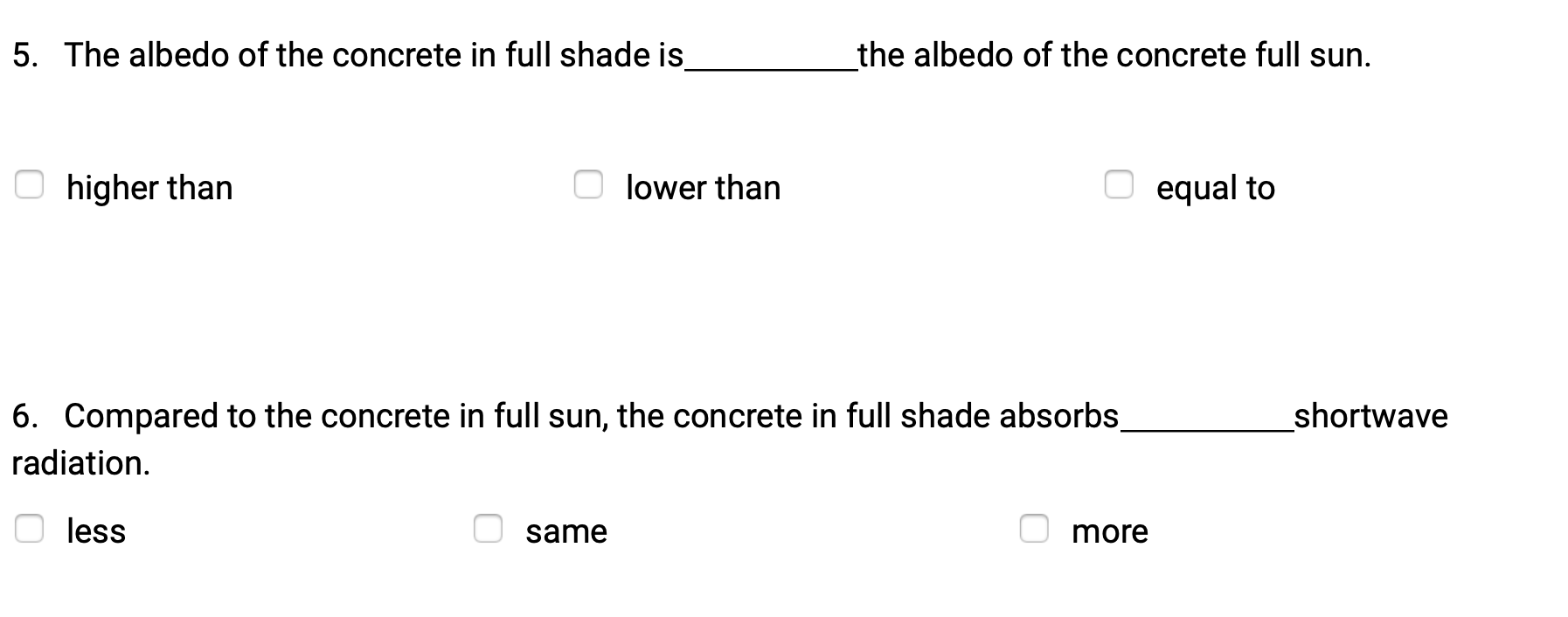 Solved 5. The albedo of the concrete in full shade is. the | Chegg.com