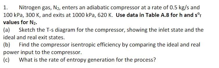 Solved 1. Nitrogen gas, N2, enters an adiabatic compressor | Chegg.com