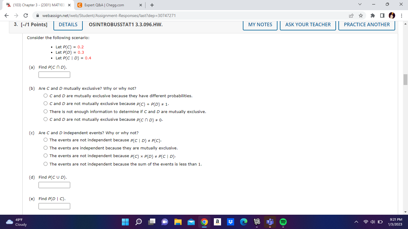 Solved Consider the following scenario: - Let P(C)=0.2 - Let | Chegg.com