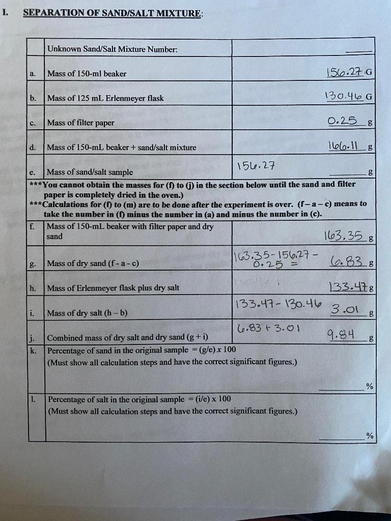 Solved 1. SEPARATION OF SAND/SALT MIXTURE: Unknown Sand/Salt | Chegg.com