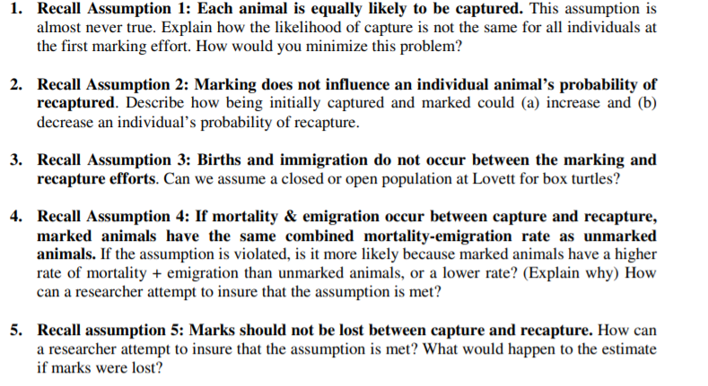 Solved Assumptions of Lincoln-Peterson Method 1. All | Chegg.com