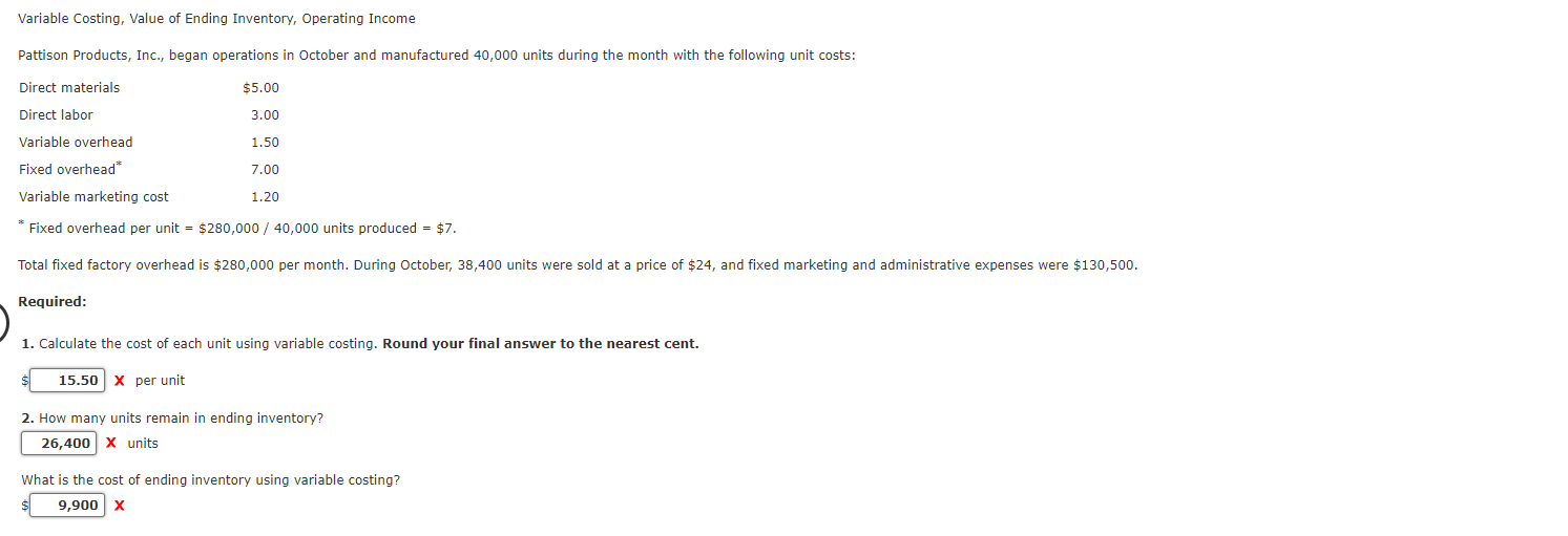 Solved Variable Costing, Value of Ending Inventory, | Chegg.com