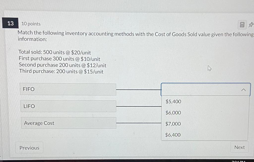 Solved 10 points Match the following inventory accounting | Chegg.com
